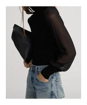 FRAME Ribbed Knit High-neck Blouse With Sheer Sleeves