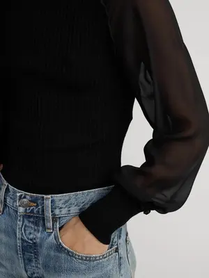 FRAME Ribbed Knit High-neck Blouse With Sheer Sleeves