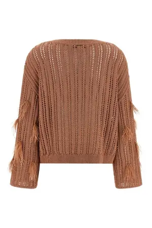 TWINSET Boat Neck Knitted Jumper With Feather Trim - Brown