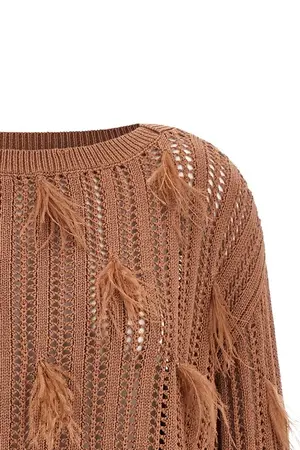 TWINSET Boat Neck Knitted Jumper With Feather Trim - Brown
