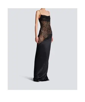 Balmain Flowy Spaghetti Strap Leopard Print Lace Dress