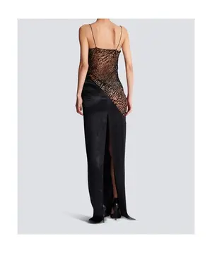 Balmain Flowy Spaghetti Strap Leopard Print Lace Dress