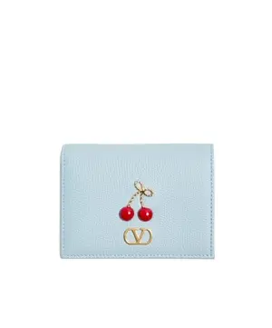 Valentino Garavani Cherryfic Wallet In Grainy Calfskin - Blue