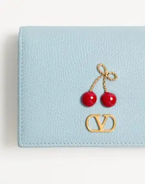 Valentino Garavani Cherryfic Wallet In Grainy Calfskin - Blue