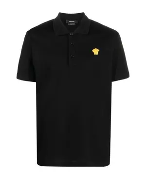 Versace Medusa Logo Embroidered Short-sleeved Polo Shirt - Black