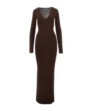 ENTIRE STUDIOS Long Sleeve V-neck Knitted Maxi Dress - Brown