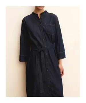 Marella Stretch Denim Belted Dress With Mandarin Collar