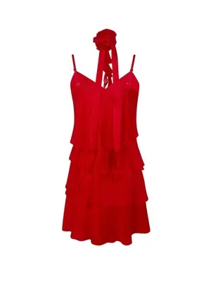 BLUGIRL Tiered Ruffled Satin Dress With Tie Neckline - Rot
