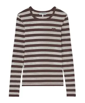 GANNI Long Sleeve Striped Crewneck Top - Mole