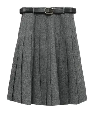 SELF-PORTRAIT Herringbone Pleated Midi Skirt With Belt