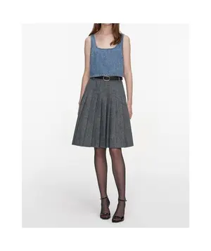 SELF-PORTRAIT Herringbone Pleated Midi Skirt With Belt