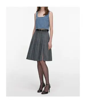 SELF-PORTRAIT Herringbone Pleated Midi Skirt With Belt