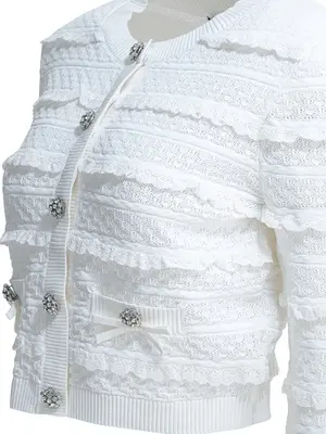SELF-PORTRAIT Pointelle Diamante Cardigan - White