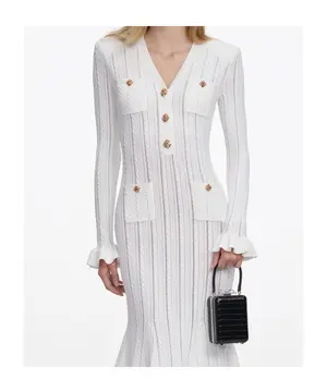 SELF-PORTRAIT V-neck Openwork Midi Dress - White