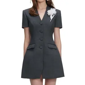 SELF-PORTRAIT Wool Button-up Mini Dress With Brooch Accent