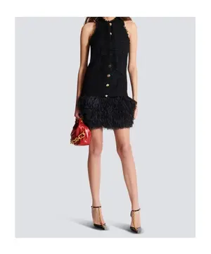 Balmain Halter Neck Lace And Feather Dress