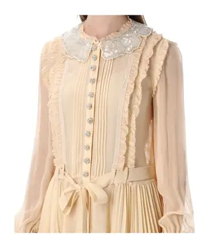 SELF-PORTRAIT Pleated Georgette Mini Dress With Jeweled Collar - Nude