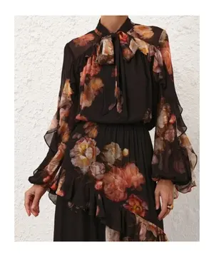 Zimmermann Floral Print Blouse With Self-covered Necktie And Frill Detailing