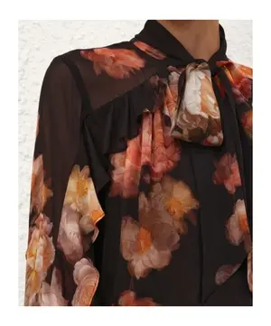 Zimmermann Floral Print Blouse With Self-covered Necktie And Frill Detailing