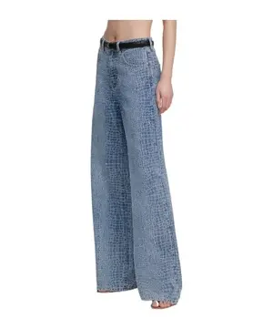 SELF-PORTRAIT Embellished Embossed Wide Leg Jeans