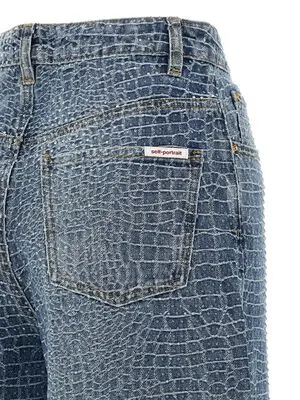 SELF-PORTRAIT Embellished Embossed Wide Leg Jeans
