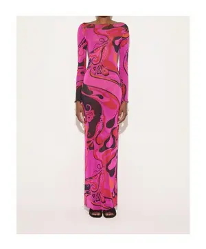 Emilio Pucci Orchidee Printed Long Sleeve Maxi Dress - Fuchsia/black