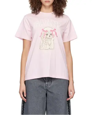 GANNI Poodle Logo Printed Cotton T-shirt