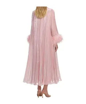 SELF-PORTRAIT Feather Trim Midi Dress - Pink