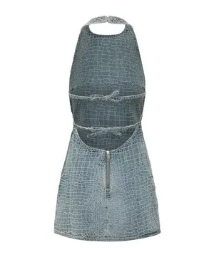 SELF-PORTRAIT Embossed Denim Mini Dress - Blue