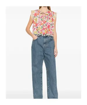 Farm Rio Floral Printed Pom-pom Sleeveless Top