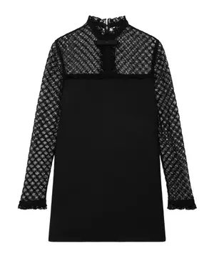 Celine Lace Mini Dress In Diagonal Wool - Black