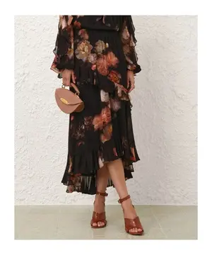 Zimmermann Floral Asymmetrical Frilled Midi Skirt
