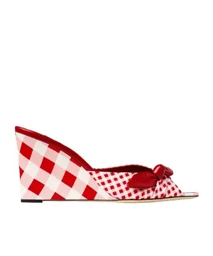 JIMMY CHOO Livi 85 Gingham Bow Wedge Mules - Ruby Red Mixed Color