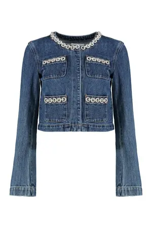 SELF-PORTRAIT Embellished Trim Denim Jacket - Blue