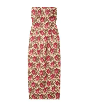 Posse Rosalie Strapless Floral-print Linen Midi Dress - Red
