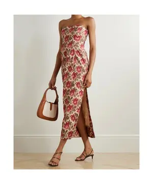 Posse Rosalie Strapless Floral-print Linen Midi Dress - Red