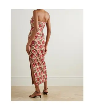 Posse Rosalie Strapless Floral-print Linen Midi Dress - Red