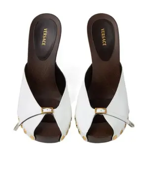 Versace Patent Leather Clogs With Wooden Sole And Metal Embellishments