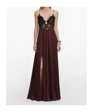 SELF-PORTRAIT Pleated Lace-trim Maxi Dress - Brown