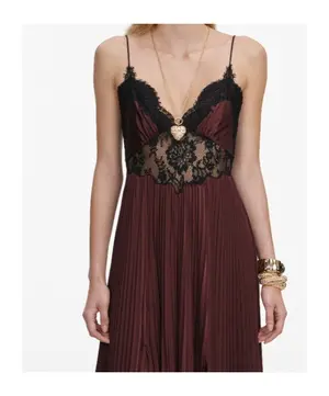 SELF-PORTRAIT Pleated Lace-trim Maxi Dress - Brown