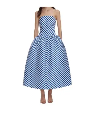 SELF-PORTRAIT Striped Strapless Midi Dress With Internal Corset - Navy