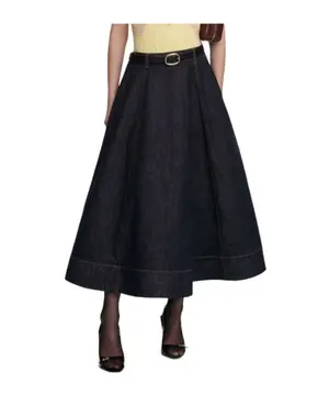 SELF-PORTRAIT Denim Flared Midi Skirt - Indigo