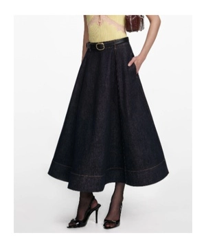 SELF-PORTRAIT Denim Flared Midi Skirt - Indigo