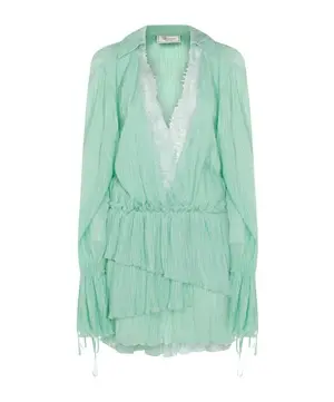 Blumarine Long-sleeved V-neck Dress With Layered Hem - Green