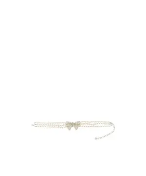SELF-PORTRAIT Pearl And Crystal Embellished Bow Necklace - Cream