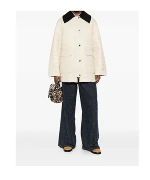 GANNI Quilted Midi Jacket With Contrasting Collar - Beige