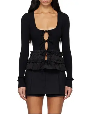 GANNI Melange Knit Cardigan With Ruffle Hem