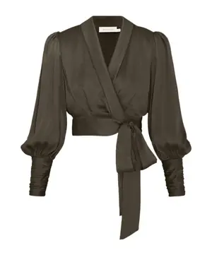 Zimmermann Wrap Top With Lantern Sleeves And Belt - Brown
