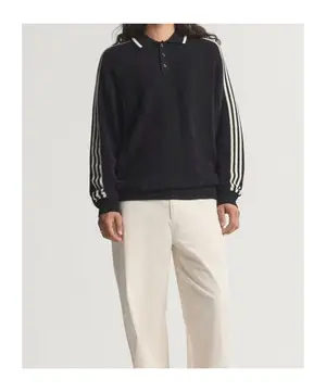 Adidas Long Sleeve Polo Sweater With Signature Stripes - Black