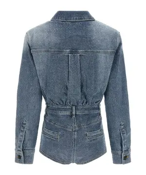 SELF-PORTRAIT Embellished Denim Playsuit With Crystal Appliqués